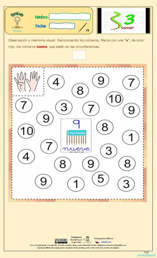 Reconociendo los números 9. Ficha interactiva | TopWorksheets