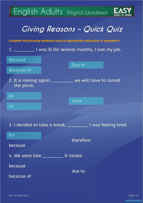 Quiz - Giving Reasons 082025. Interactive worksheet | TopWorksheets