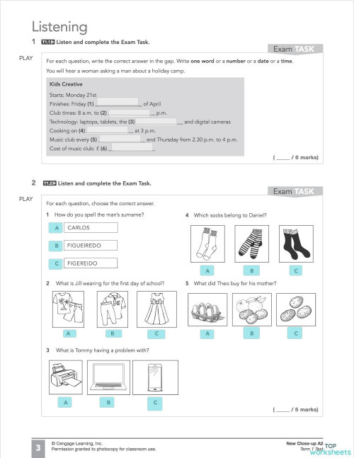 Close-up A2 Term Test 1 Listening. Interactive worksheet | TopWorksheets
