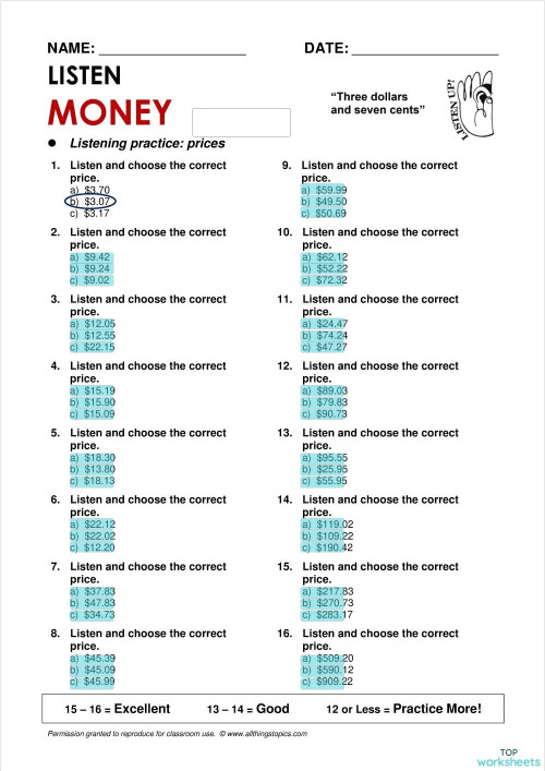 Listening price. Interactive worksheet | TopWorksheets