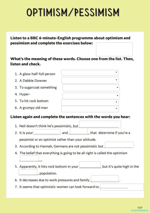 Optimism and pessimism. Ficha interactiva | TopWorksheets