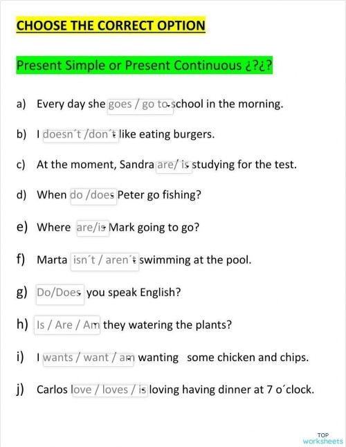 Present simple or Present continuous. Interactive worksheet | TopWorksheets