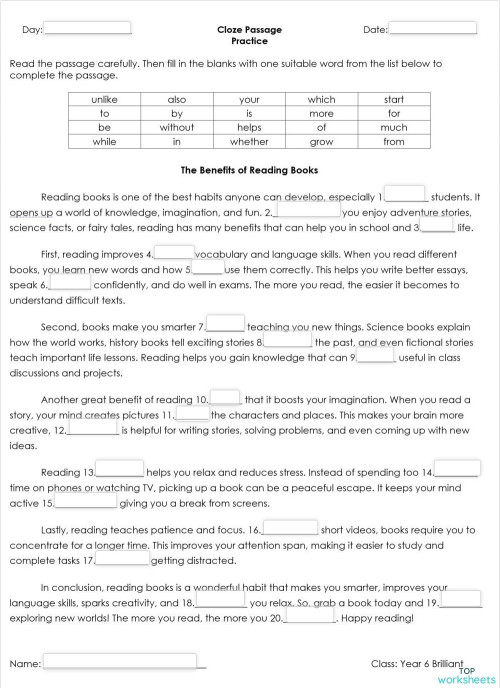 Cloze Passage - The Benefits of Reading Books. Interactive worksheet ...