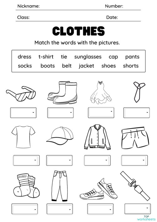 clothes Dropdown ใบงานเชิงโต้ตอบ | TopWorksheets