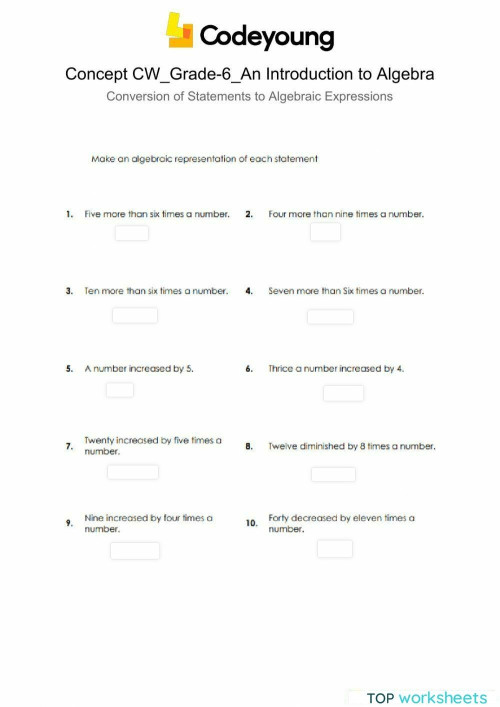 Conversion of Statements to Algebraic Expressions Concept CW ...