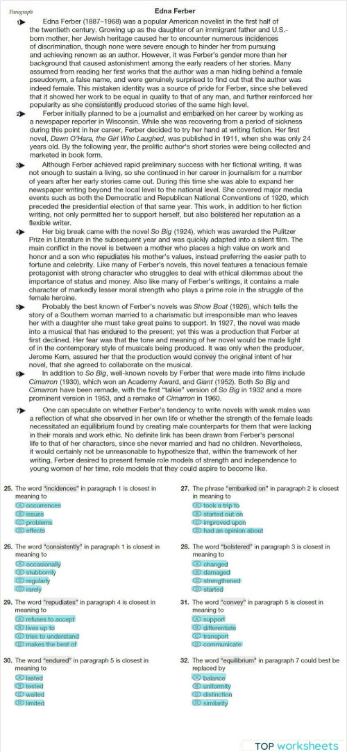TPC1 reading skills vocabulary questions passage 4. Interactive ...