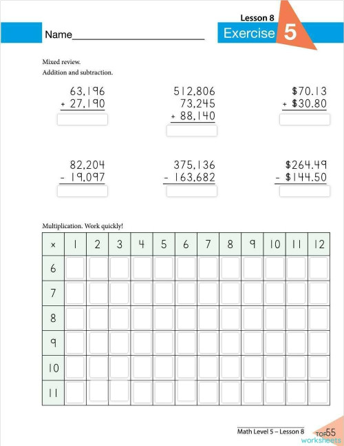 Lesson 8: Exercise 5 Pg 55-56. Interactive worksheet | TopWorksheets