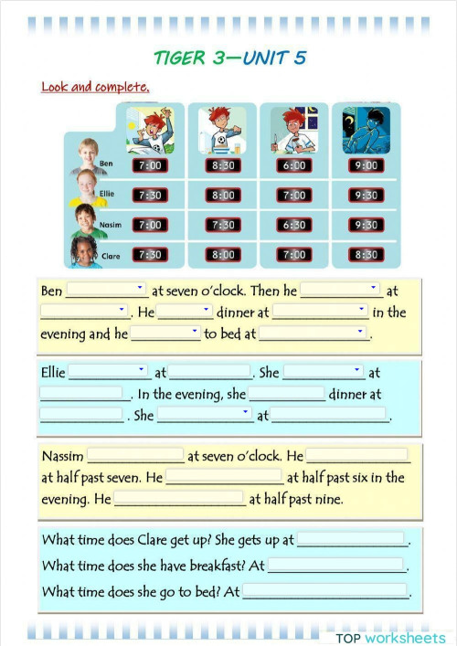 Tiger 3 - unit 5 - daily routines - time. Interactive worksheet ...