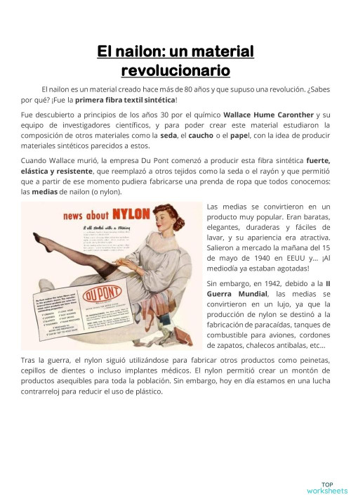 El nailon: un invento revolucionario. Ficha interactiva | TopWorksheets