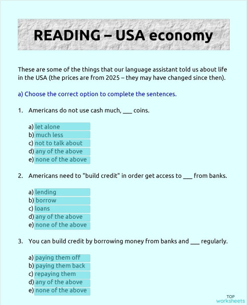 Reading - USA economy. Interactive worksheet | TopWorksheets