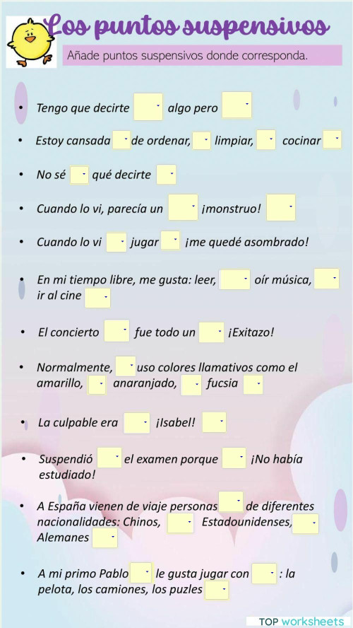Los puntos suspensivos. Ficha interactiva | TopWorksheets