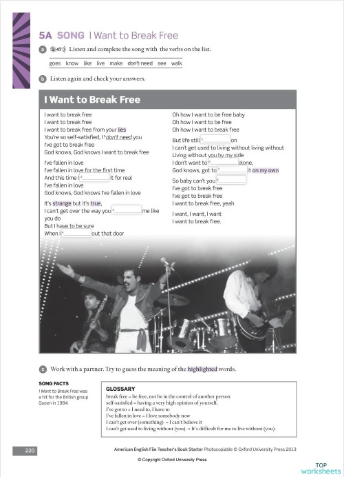 AEF 0 5A Song I want to break free. Interactive worksheet | TopWorksheets