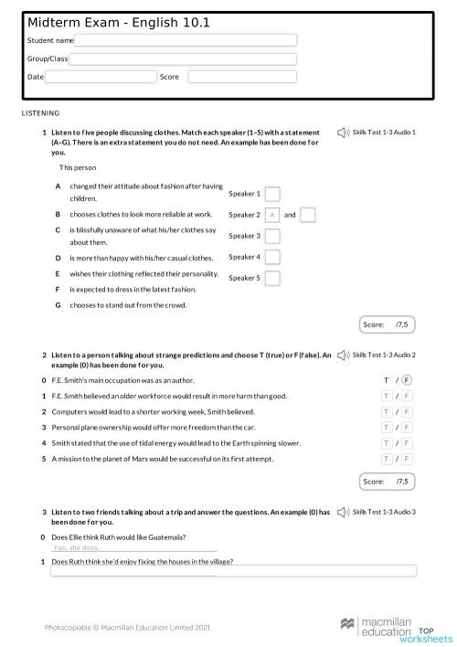 Midterm Exam - English 10.1. Interactive worksheet | TopWorksheets