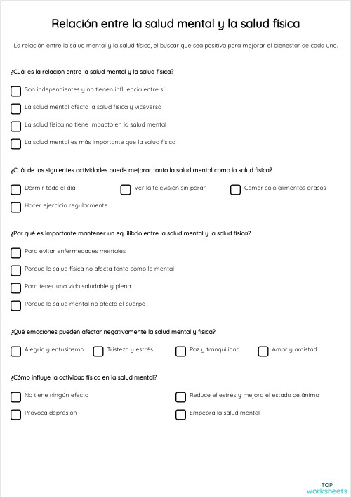 Relación entre la salud mental y la salud física. Ficha interactiva | TopWorksheets