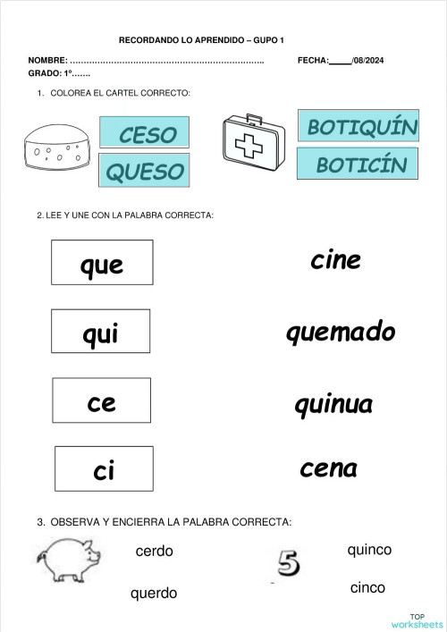 Letras: que - qui - ce - ci Grupo 1. Ficha interactiva | TopWorksheets