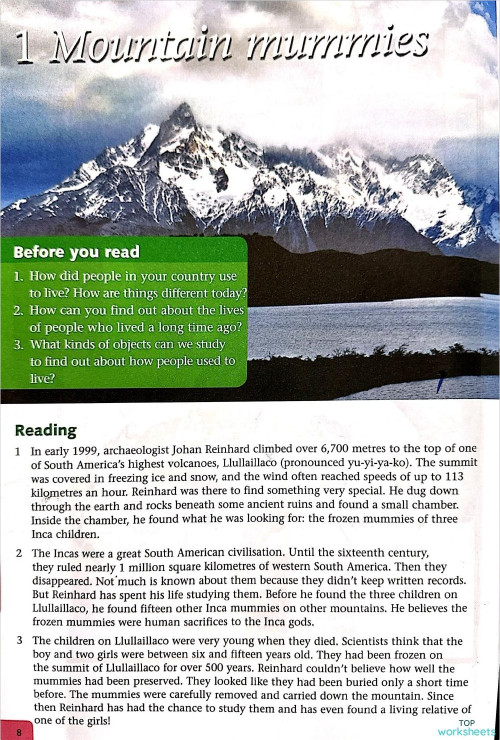 Reading 1 Mountain Mummies. Interactive worksheet | TopWorksheets