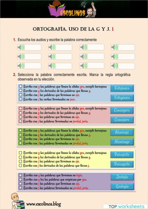 Ortografía. Uso de la G y J. 1. Ficha interactiva | TopWorksheets