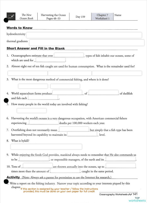 Chapter 7: Pg 141 Wk1 Harvesting the Ocean. Interactive worksheet ...