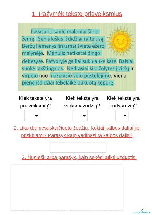 Kalbos dalys (darbas su tekstu). Interactive worksheet | TopWorksheets