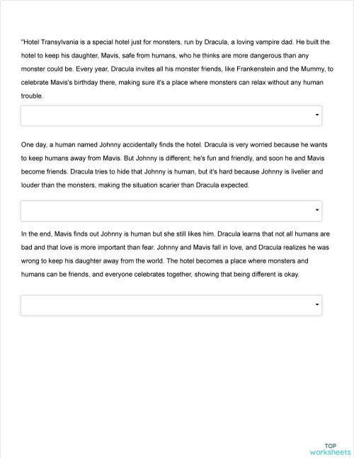 Hotel Transylvania summary B1 adjectives Reading comprehension ...