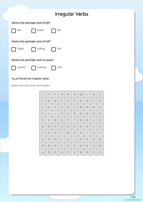 Irregular Verbs Interactive Worksheet Topworksheets