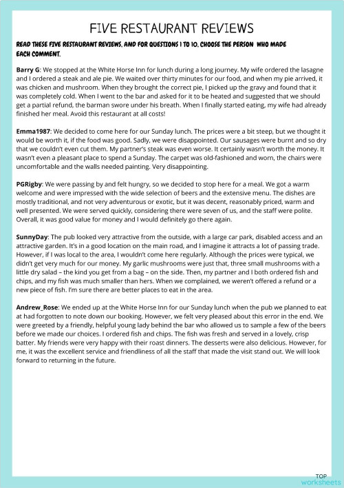RESTAURANT REVIEWS. Interactive worksheet | TopWorksheets