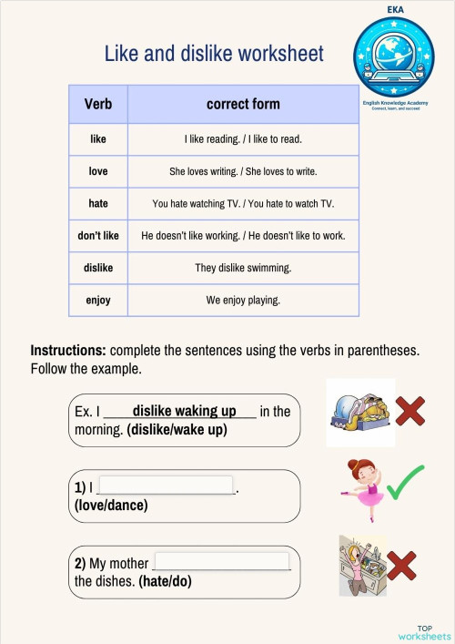 Like and dislike worksheet. Interactive worksheet | TopWorksheets