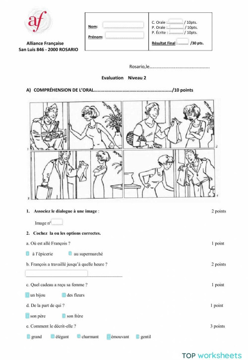 Évaluation Niveau 2. Fiche interactive | TopWorksheets