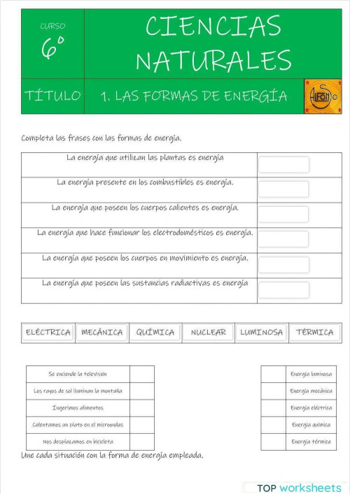 Las formas de energía. Ficha interactiva | TopWorksheets