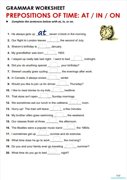PREPOSITIONS (IN/ ON/ AT) 02. Interactive worksheet | TopWorksheets
