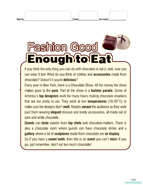 Reading Fashion Good Enough to Eat Unit 8b. Interactive worksheet ...