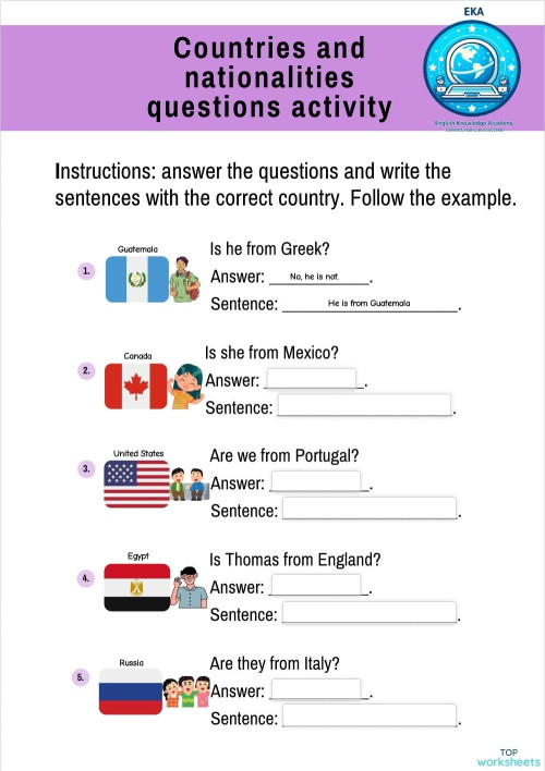 Countries and nationalities questions activity. Interactive worksheet ...