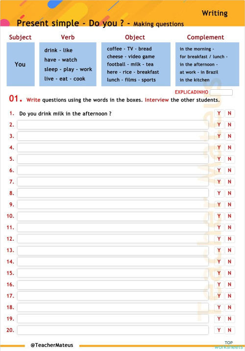 034 - PRESENT SIMPLE - 16 - Do you ? Making Questions - Writing ...