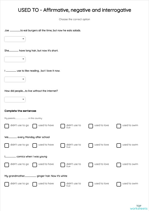 USED TO - Affirmative, negative and interrogative. Interactive ...
