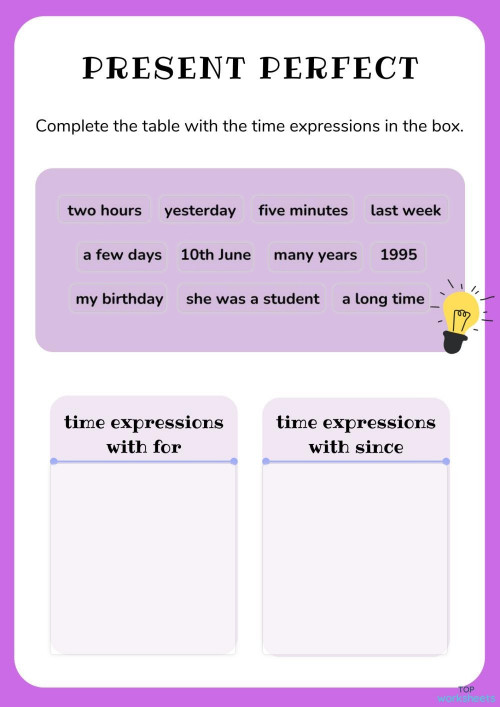 Present perfect (for and since). Interactive worksheet | TopWorksheets