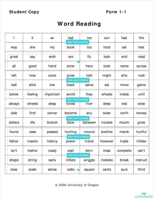 Word Reading Fluency 1-1A. Interactive worksheet | TopWorksheets