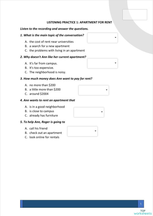 LISTENING: APARTMENT FOR RENT. Interactive worksheet | TopWorksheets