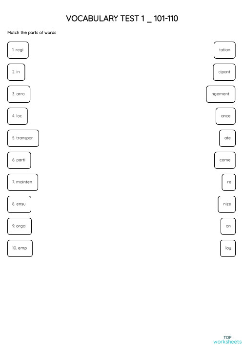 VOCABULARY TEST 1 _ 101-110. Interactive worksheet | TopWorksheets