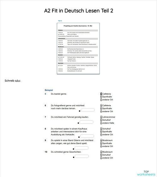 A2 Fit in Deutsch Lesen Teil 2. Interaktives Arbeitsblatt | TopWorksheets