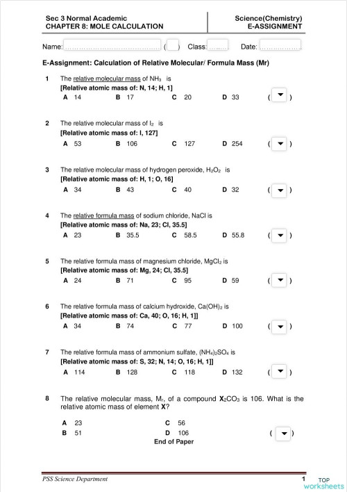 Calculation of Mr_L1. Interactive worksheet | TopWorksheets