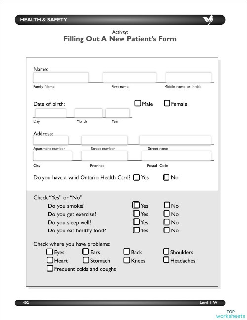 New Patient's Form - Writing. Interactive worksheet | TopWorksheets