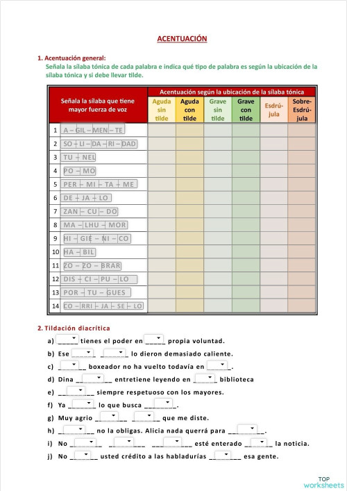 ACENTUACIÓN GENERAL, DIACRÍTICA Y ENFÁTICA. Ficha interactiva ...