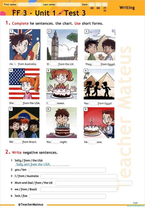 FF 3 - Unit 1 - Test 2 - Writing (Copied). Interactive worksheet ...