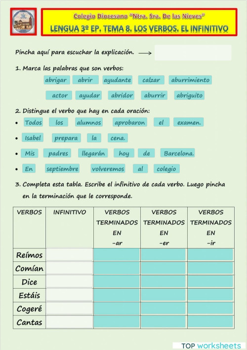 Los verbos. El infinitivo. Interactive worksheet | TopWorksheets