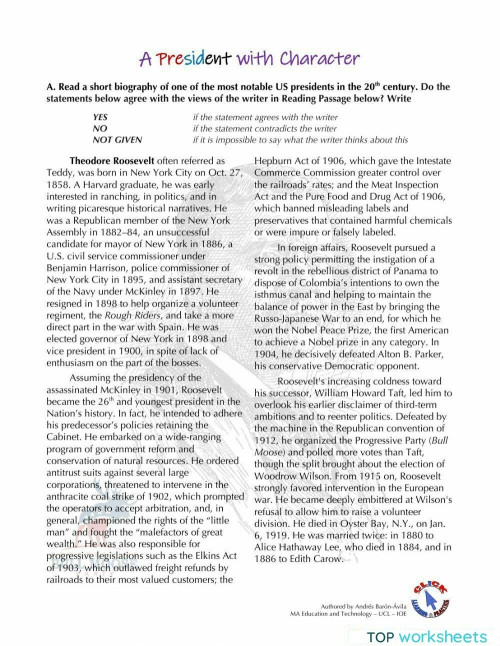 Reading Ex. - A President with character. Interactive worksheet ...
