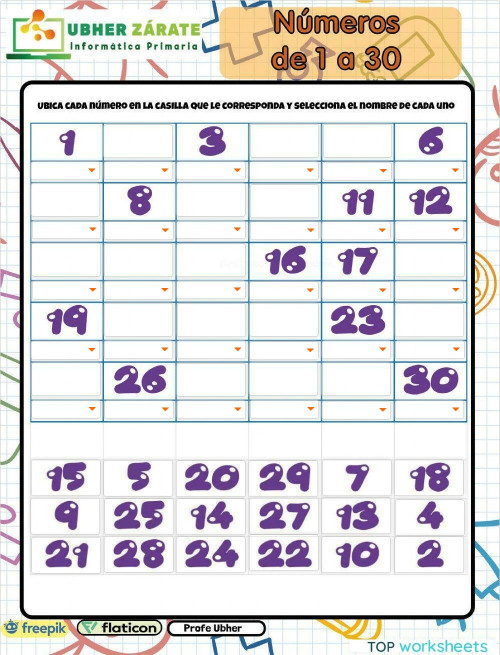 Números de 1 a 30. Ficha interactiva | TopWorksheets