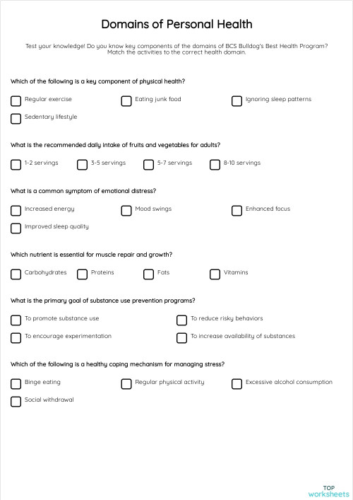 Domains of Personal Health. Interactive worksheet | TopWorksheets