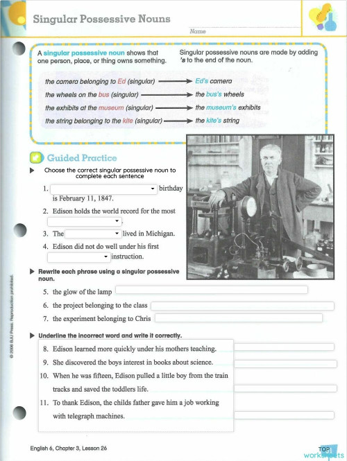 Lesson 26: Singular Possessive Nouns Pg 51. Interactive worksheet ...