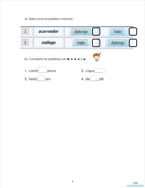 Diptongos e hiatos: fichas interactivas y ejercicios online | TopWorksheets