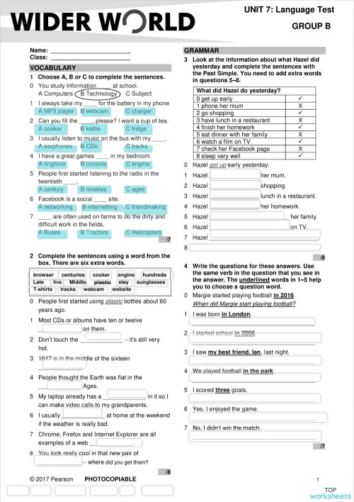 Wider world 1 Language test 7B(50). Interactive worksheet | TopWorksheets